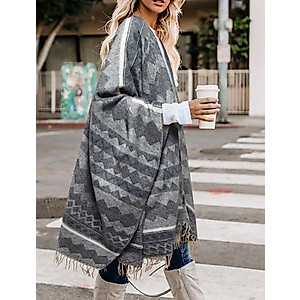 LittleMax Women's Open Front Boho Cardigan Oversized Knitted Shawl Wrap Cape Sweater Plaid Tassel Poncho (Grey-245, One-size)