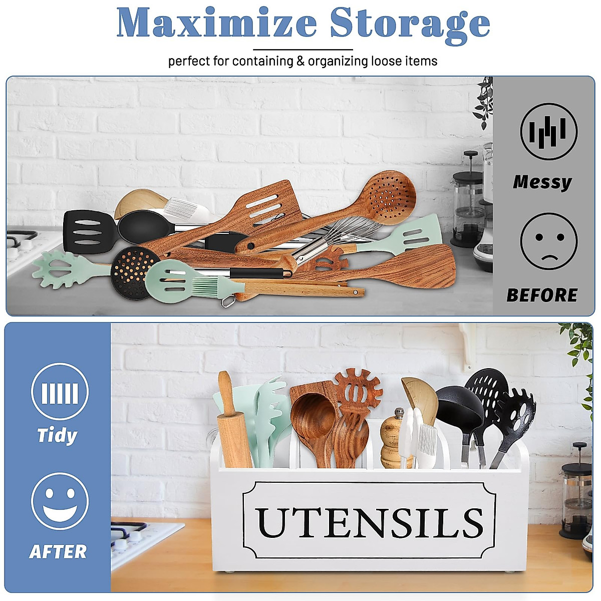 Anwelynd Large 4 Compartments Kitchen Utensil Holder for Countertop, Farmhouse Wood Utensil Caddy Utensil Crock, Rustic Utensil Organizer for Kitchen Counter Cooking Tools Storage Holder