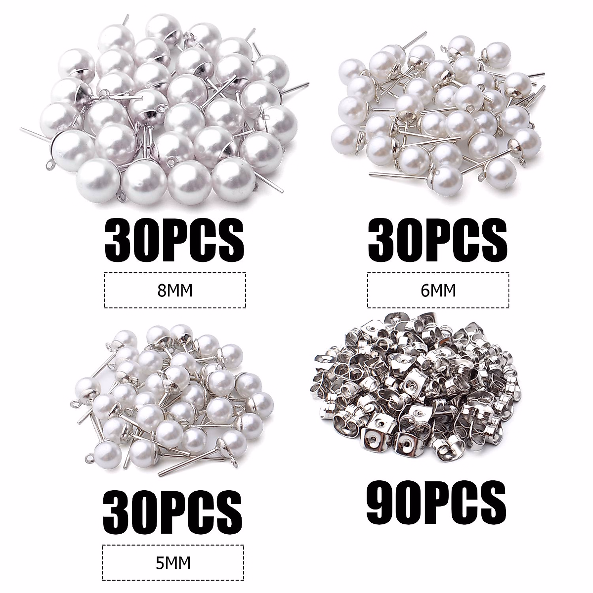 Aylifu 90pcs Faux Pearl Hypoallergenic Earring Posts Stud Earrings with Loop Metal Post Earring Studs and 90pcs Silver Butterfly Earring Backs for DIY Earring Jewelry Making