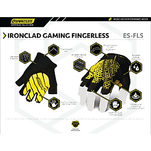 Ironclad Gaming Gloves, Half Finger Coverage, Precision Fit, Performance Silicone Grip, Moisture Wicking Construction, Yellow and Black, Large, 1 Pair