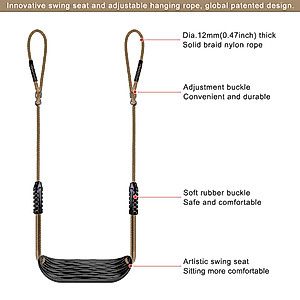 SELEWARE Plastic Swing Seat, Non Slip Tree Swing Set with Adjustable Rope and 2 Carabiners, Heavy Duty Playground Swing Set Accessories for Kid Indoor Outdoor Backyard, Black