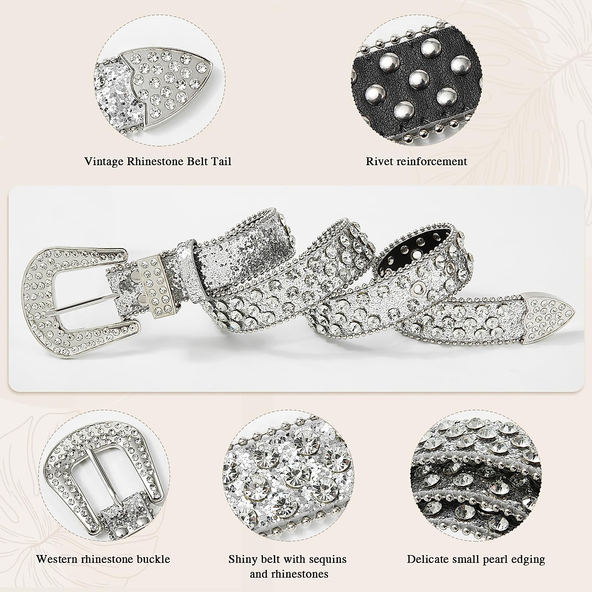 AWAYTR Rhinestone Belt for Women Men - Western Cowgirl Sequin Diamond Bling Studded Belts for Jeans Pants (100cm, Silver)