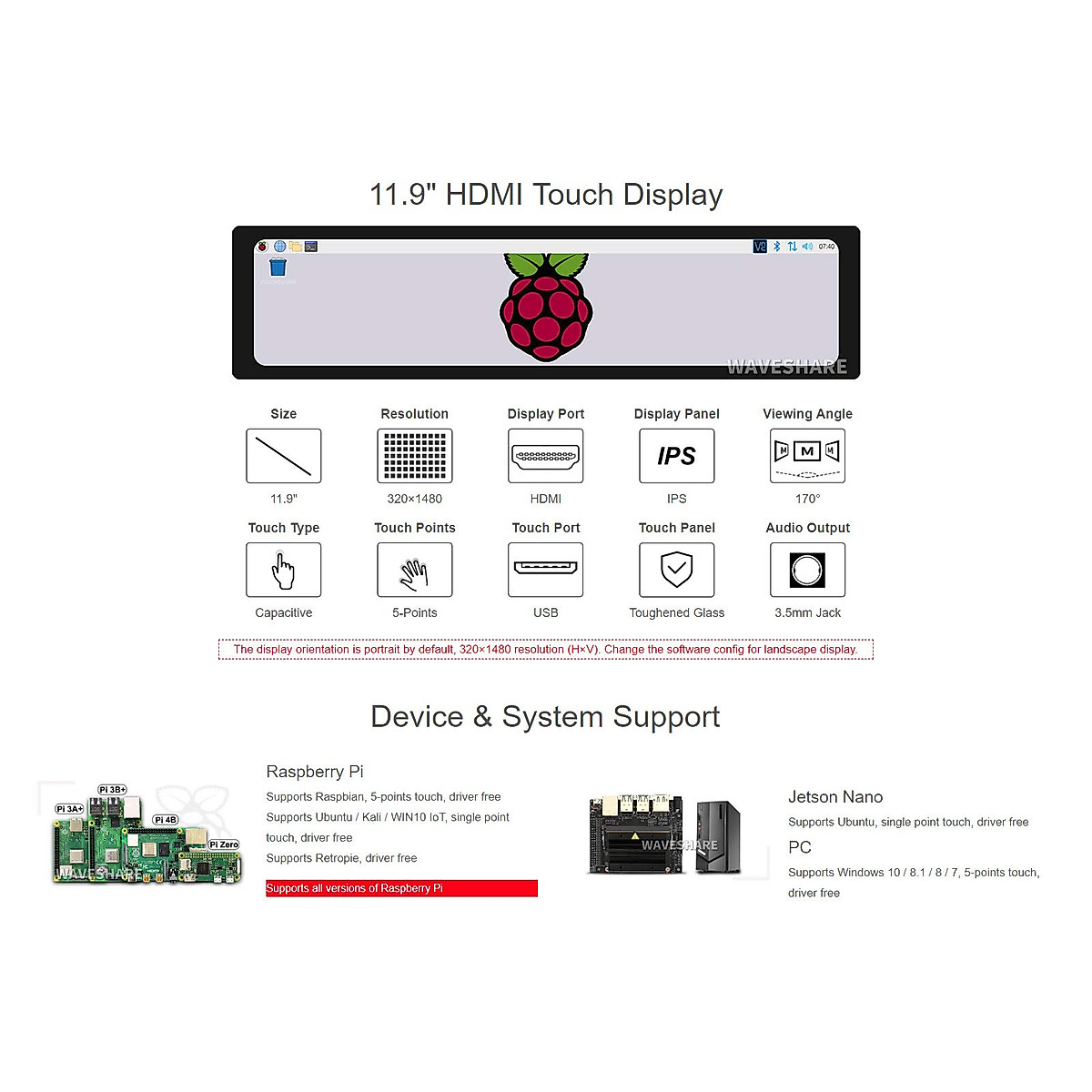 waveshare TOP1 11.9inch Capacitive Touch Screen LCD 320×1480 Pixels HDMI IPS Display Panel Computer Monitor Supports Raspberry Pi/Jetson Nano/Windows 11/10