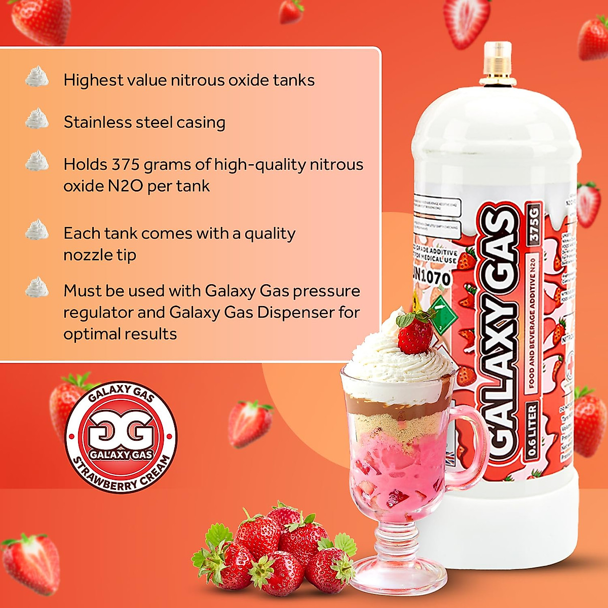 Galaxy Gas Strawberry Flavor Whipped Cream Dispenser Cartridge Tank, Nitrous Oxide 0.6L 375 Gram, Whipped Cream Tank, N2O Charger Tank, 1 Cylinder