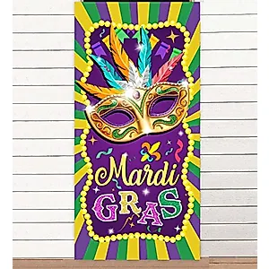 Mardi Gras Masquerade Masks Purple Green Gold Decorations Favors Banner Background Backdrop Crown Theme Decor for Carnival Mardi Gras Party New Orleans Party King Cake Party Birthday Party Supplies