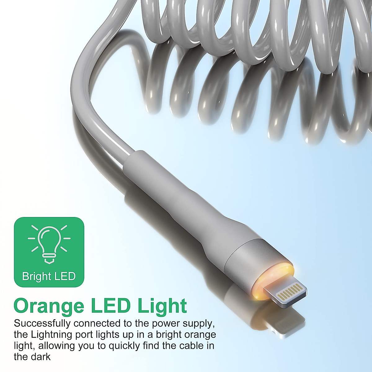 Coiled iPhone Lightning Cable Apple Carplay Cable MFi Certified, Retractable Apple Car Play Cord with Data Sync and LED, Short Coiled iPhone Charger Cable for iPhone/Pad/Pod, White