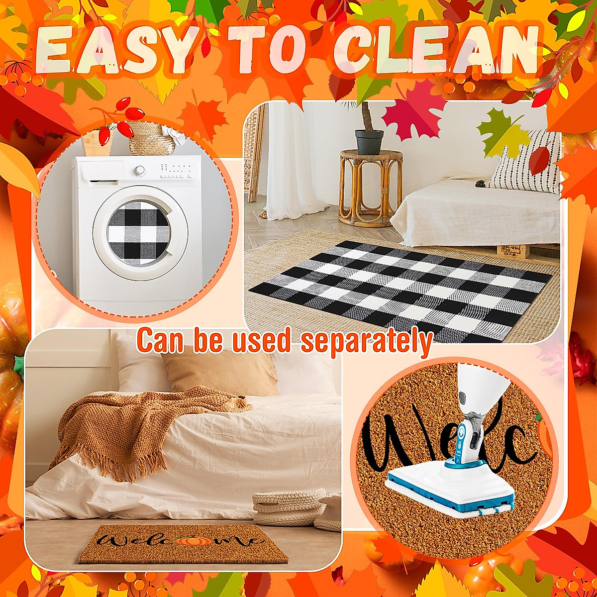 Moucuny 2 Pcs Fall Coir Welcome Doormat Fall Rug Outdoor Mat Layered Buffalo Plaid Mat Halloween Mats Pumpkin Maple Mat for Autumn Thanksgiving Fall Front Porch Outdoor Entryway(Plain Style)
