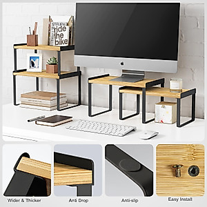 Goozii Kitchen Cabinet Organizer Shelves Set of 4, Expandable Counter Shelf Rack for Plate Dish Cup Mug Spice, Stackable Shelf Riser for Pantry Cupboard Desk Top Corner Storage (Bamboo, Black)