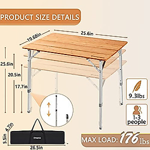 KingCamp Bamboo Folding Adjustable Aluminum Frame Carry Bag Height Lightweight Portable Camping Table for Outdoor Hiking Picnic, 25.6x19.6x17.7/20.5/25.6in, Yellow_25.6"x19.6" Upgrade