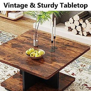 Tribesigns Wood Square Coffee Table: 31.5 Inches 2 Tiers Farmhouse Coffee Table, Wooden Rustic Coffee Table with Storage, Mid Centry Modern Home Furniture for Living Room, Brown