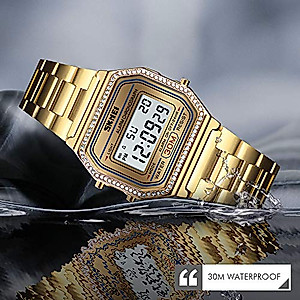 PASOY Men's Digital Gold Stainless Steel Watch Backlit Multifunction Stopwatch Waterproof Sport Watches (Gold with Crystal Bezel)