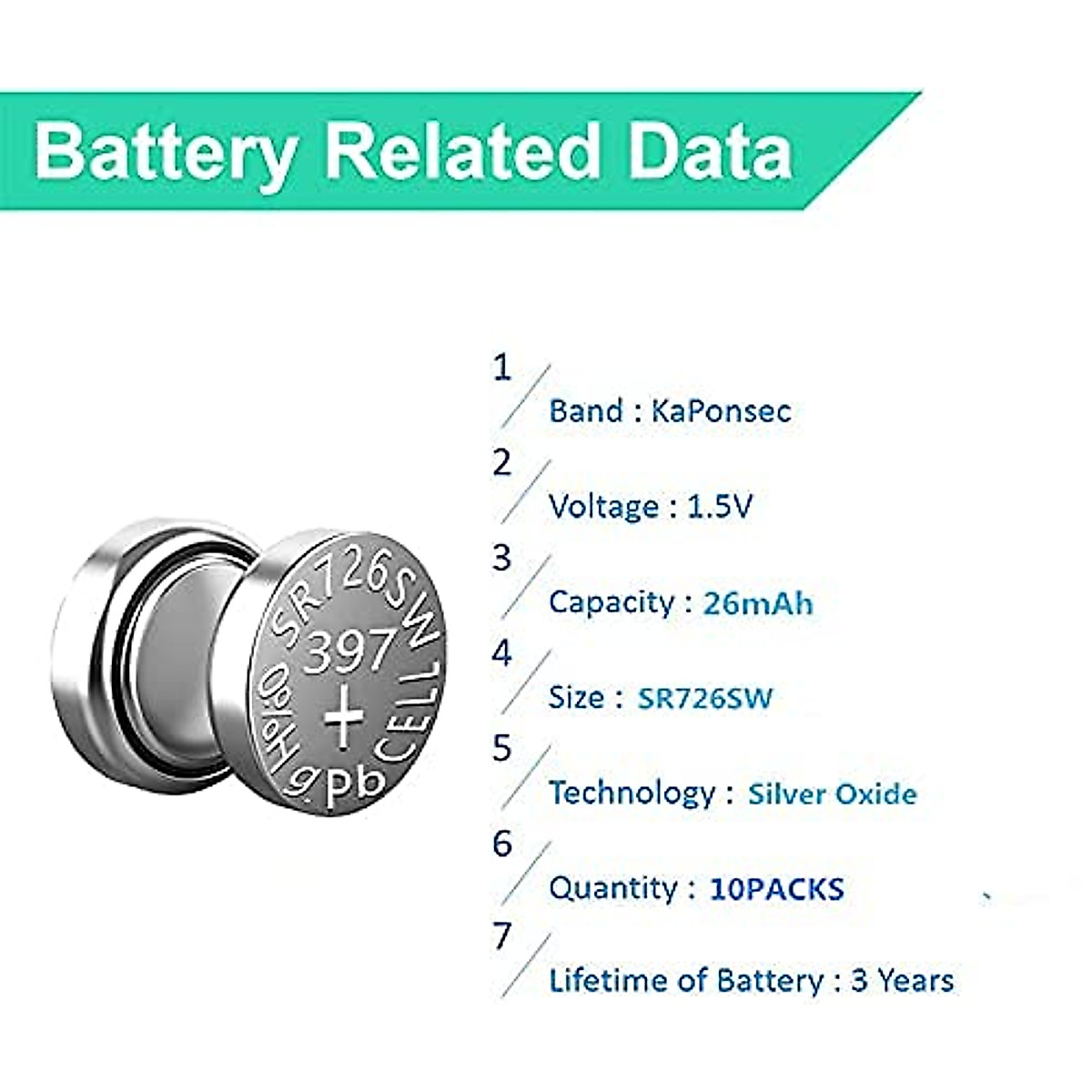KaPonsec SR726SW 397 396 LR726 Silver Oxide Watch Battery-10Packs