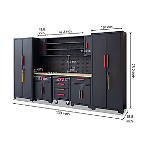 4utoHydra 9-Pcs Workshop Cabinet Set in Black with Workbench - Perfect for Organizing Garage and Tools - Included Steel Cabinets Drawers Shelving Rolling Chest, RD-QGPGC103000