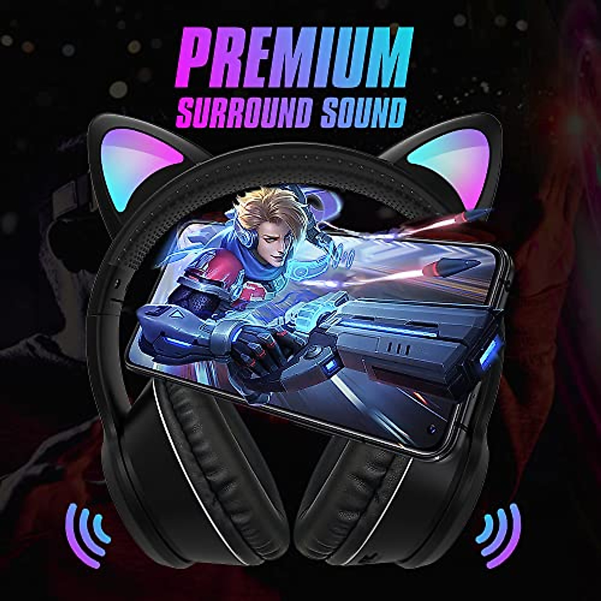 MIDOLA Gaming Wired AUX 3.5mm Cat Ear Headphone Over Ear LED Light Fit Adult & Kids Girl Boy Foldable Stereo Headset Earmuffs with Mic for PC PS4 Game Cellphone Laptop Pad Black