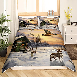 Feelyou Duck Hunting Duvet Cover Dog Hunter Bedding Set for Kids Boys Girls Flying Duck Comforter Cover Wildlife Bedspread Cover 1 Duvet Cover with 2 Pillowcases Full Size (No Comforter)