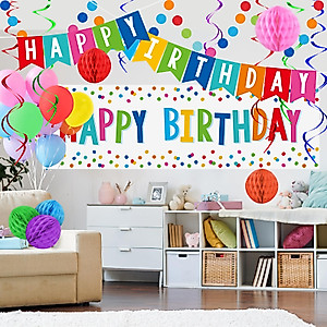 Happy Birthday Decorations Kit: Happy Birthday Banner,Birthday Dots Design Plastic Backdrop, Circle Confetti Garland, Swirl Streamers, Honeycomb Balls & Party Balloons - Table Centerpiece Set
