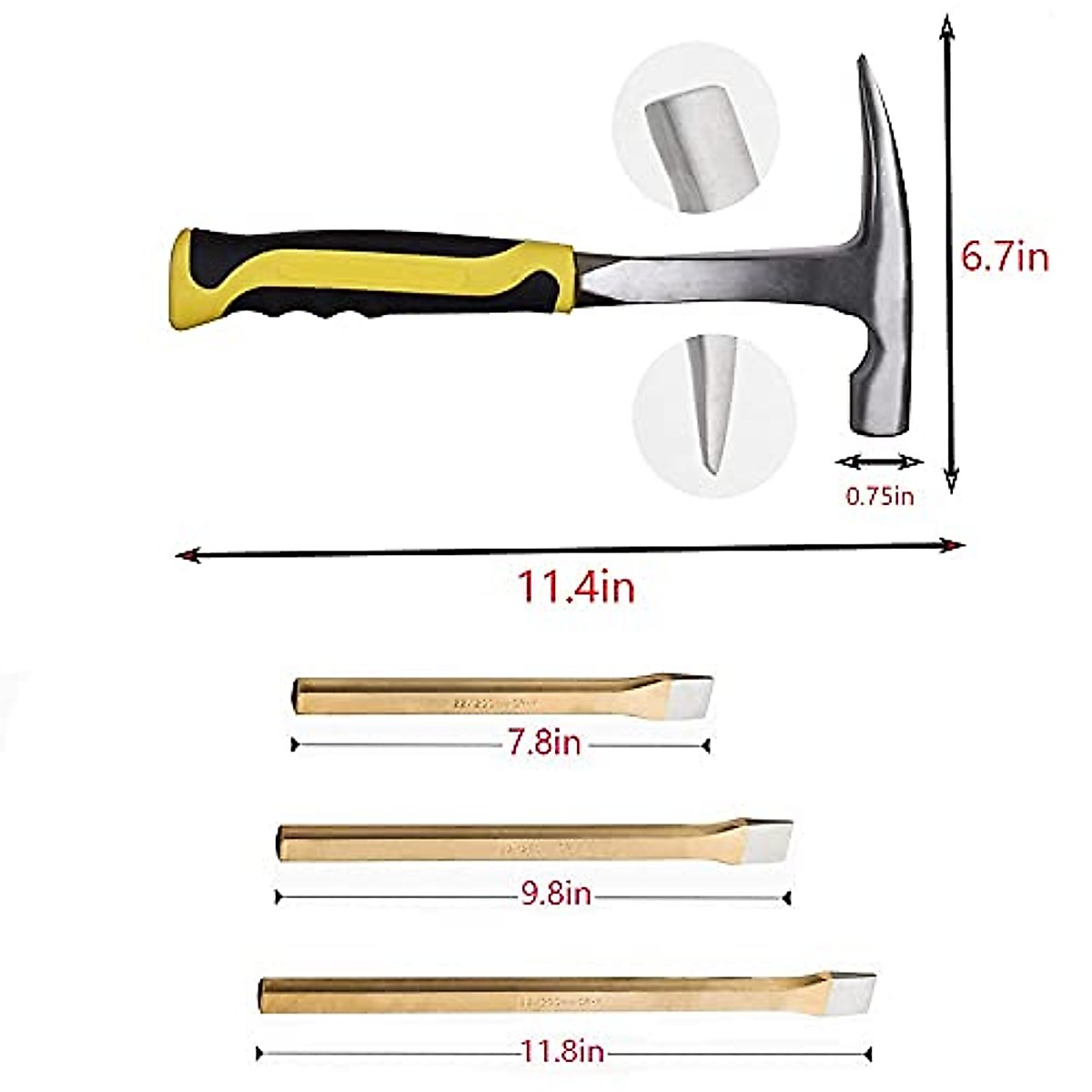 14 pieces Rock Hounding & Gem Mining Geology Tool Kit ，for Rock Hounding, Gold Mining,including an all Steel Rock Pick Hammer with Pointed Tip,3-Pieces Heavy Duty Chisel Set