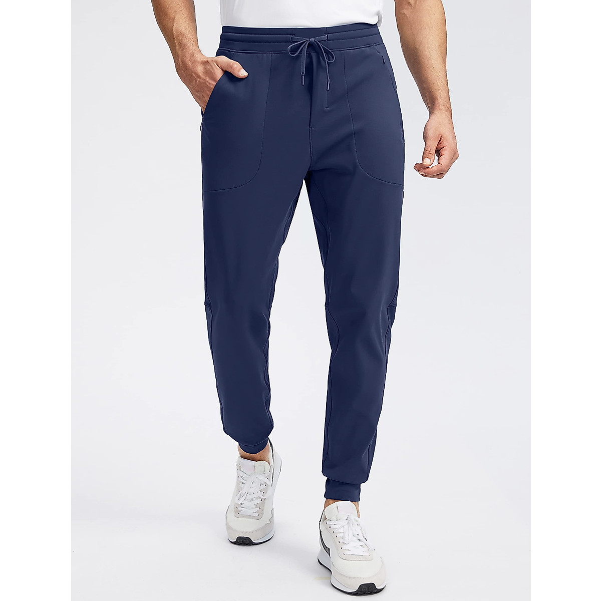 Pudolla Men's Joggers Sweatpants Fleece Lined Pants with Zipper Pockets for Winter Running Workout Gym(Navy X-Large)