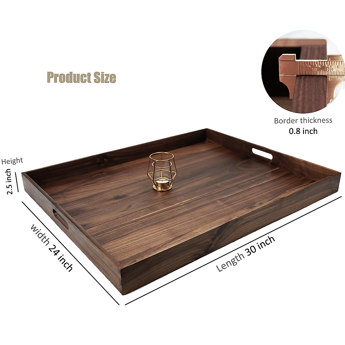 MAGIGO 30 x 24 Inches Extra Large Rectangle Black Walnut Wood Ottoman Tray with Handles, Serve Tea, Coffee Classic Wooden Decorative Serving Tray