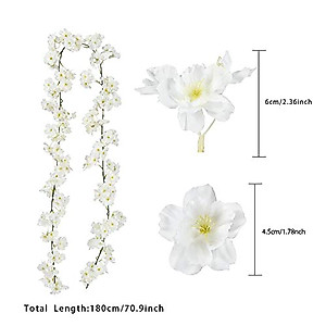 Artflower 2 Pack Artificial Cherry Blossom Garland Hanging Vine Silk Garland Silk Artificial Flower Faux Sakura Garland for Wedding Garden Arch Wall Home Party Decor（White）