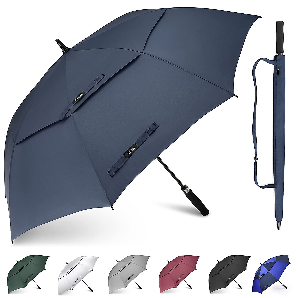 Gonex 62 Inch Extra Large Golf Umbrella, Automatic Open Travel Rain Umbrella with Windproof Water Resistant Double Canopy, Oversize Vented Umbrellas for 2-3 Men and UV Protection, Navy