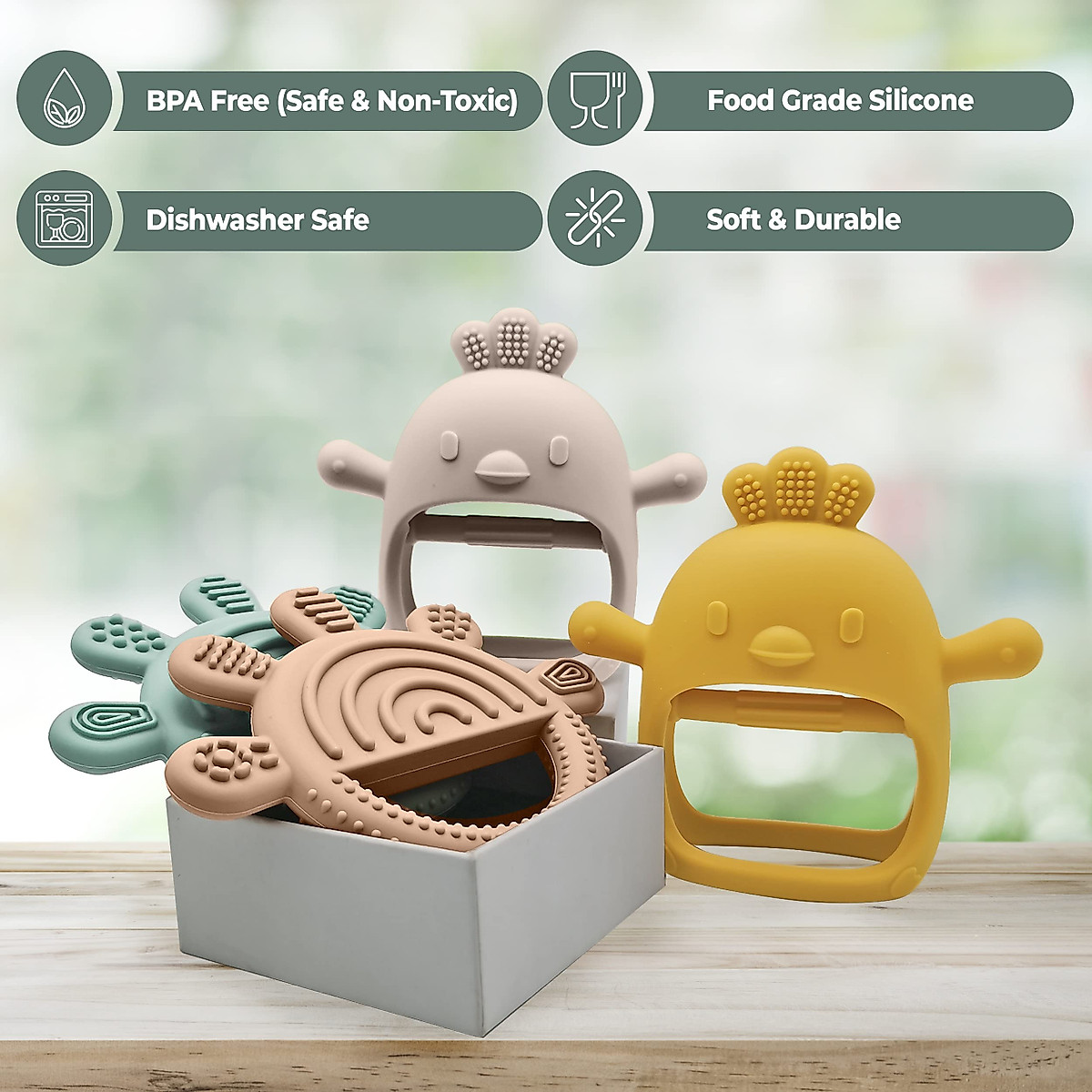 Petite Bee - Silicone Baby Teether Animal Toy Sunshine and Chicken Never Drop Soothing Pacifier & Infant Chew Toy (2 Pack, Beige & Pink)