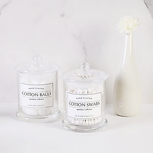 Volisnova 2 Pack Farmhouse Apothecary Jars with Lids - Glass Qtip Dispensers and Cotton Ball Holders for Bathroom Vanity Storage and Organization with 8 Pcs Wterproof Labels (Clear Glass)