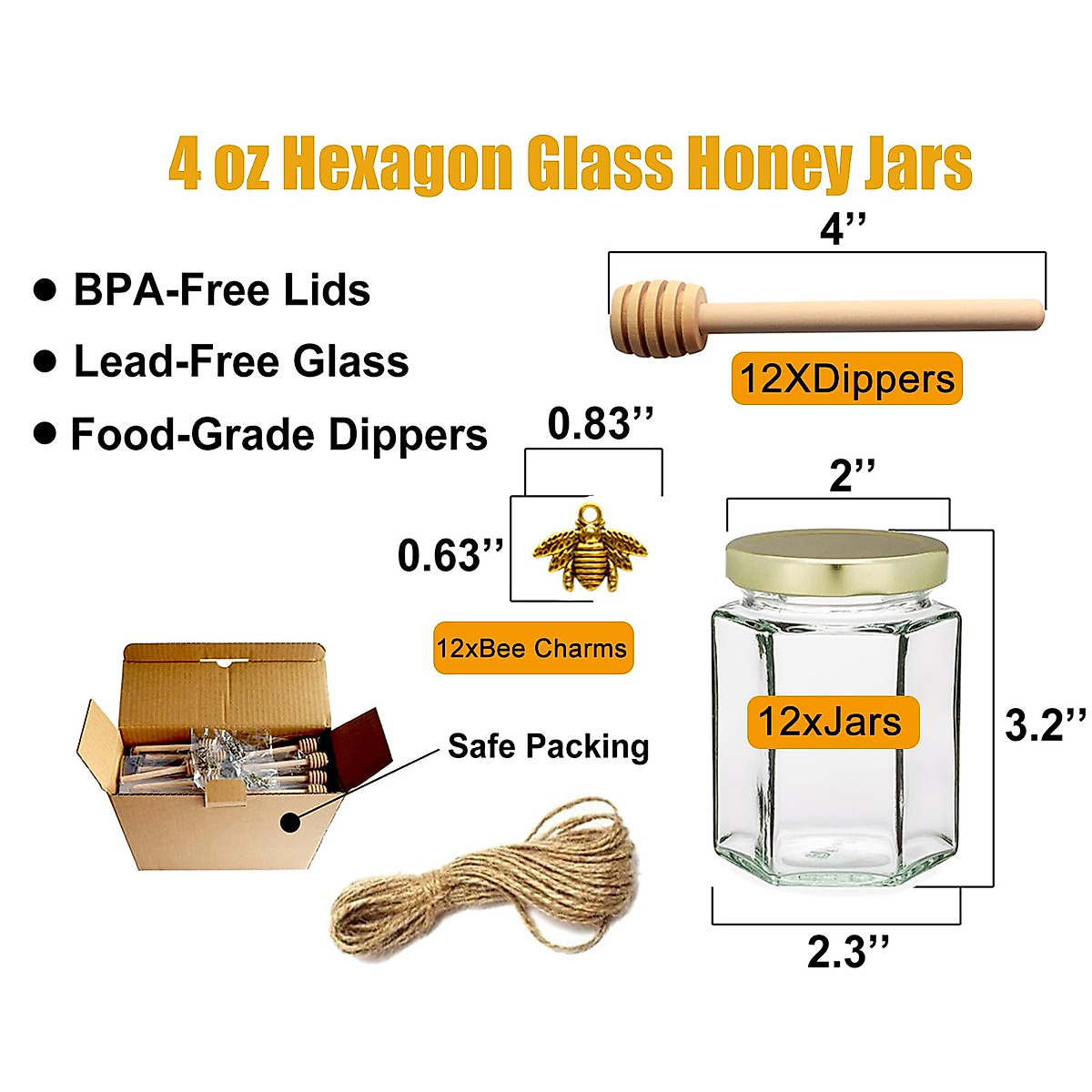 Adabocute 4oz Hexagonal Honey Jars - Glass Honey Jars with Gold Lids, Wooden Dippers, Bee Charms and Jutes - Hexagon Honey Jars for Baby Shower, Wedding and Party Favors, 12 Pack