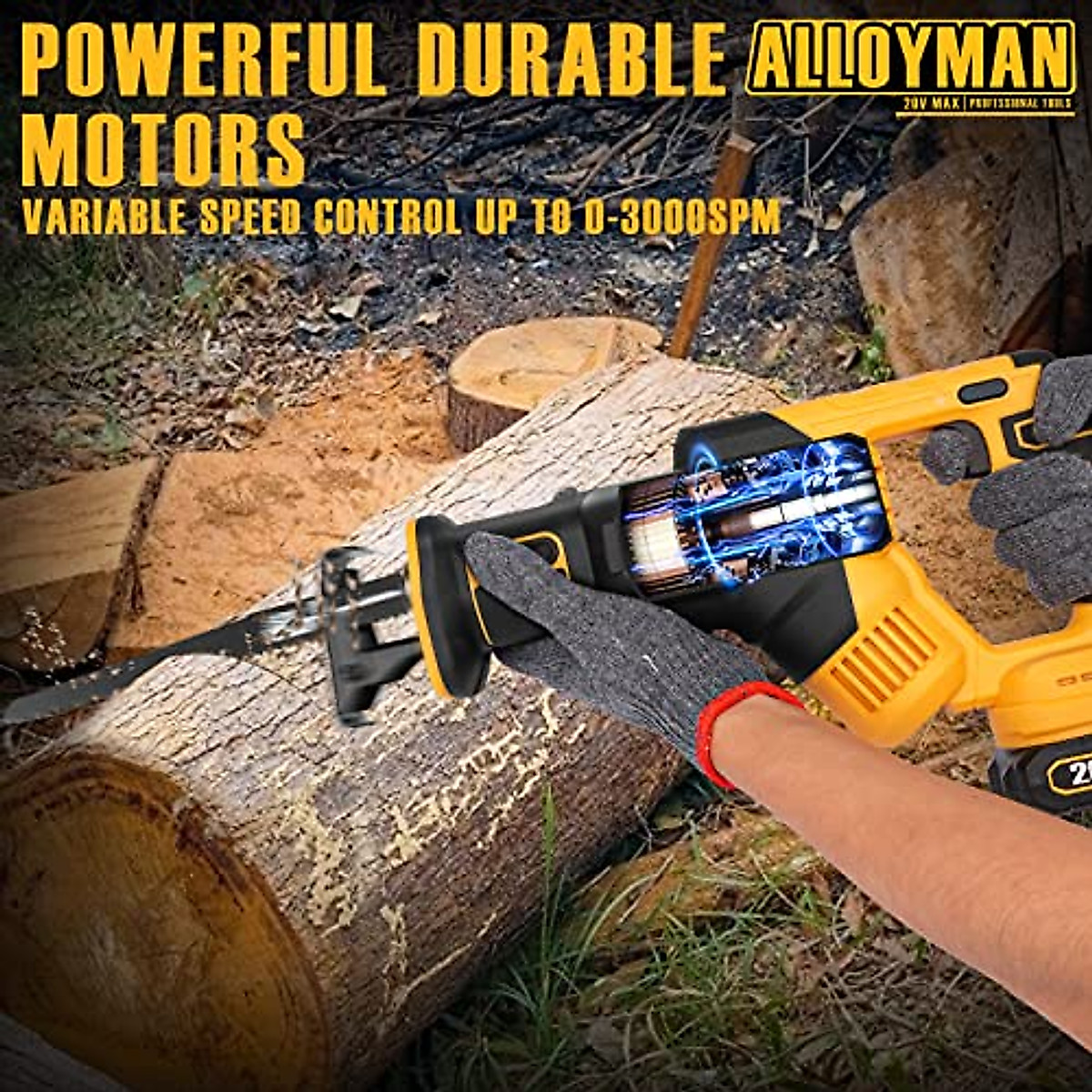 ALLOYMAN Reciprocating Saw, 20V Cordless Battery Power Saw, with 2 X 2.0Ah Batteries & Charger, 0-3000 SPM Variable Speed, Tool-Free Change, 6 PCS Blades for Wood Metal PVC Pipe Tree Cutting