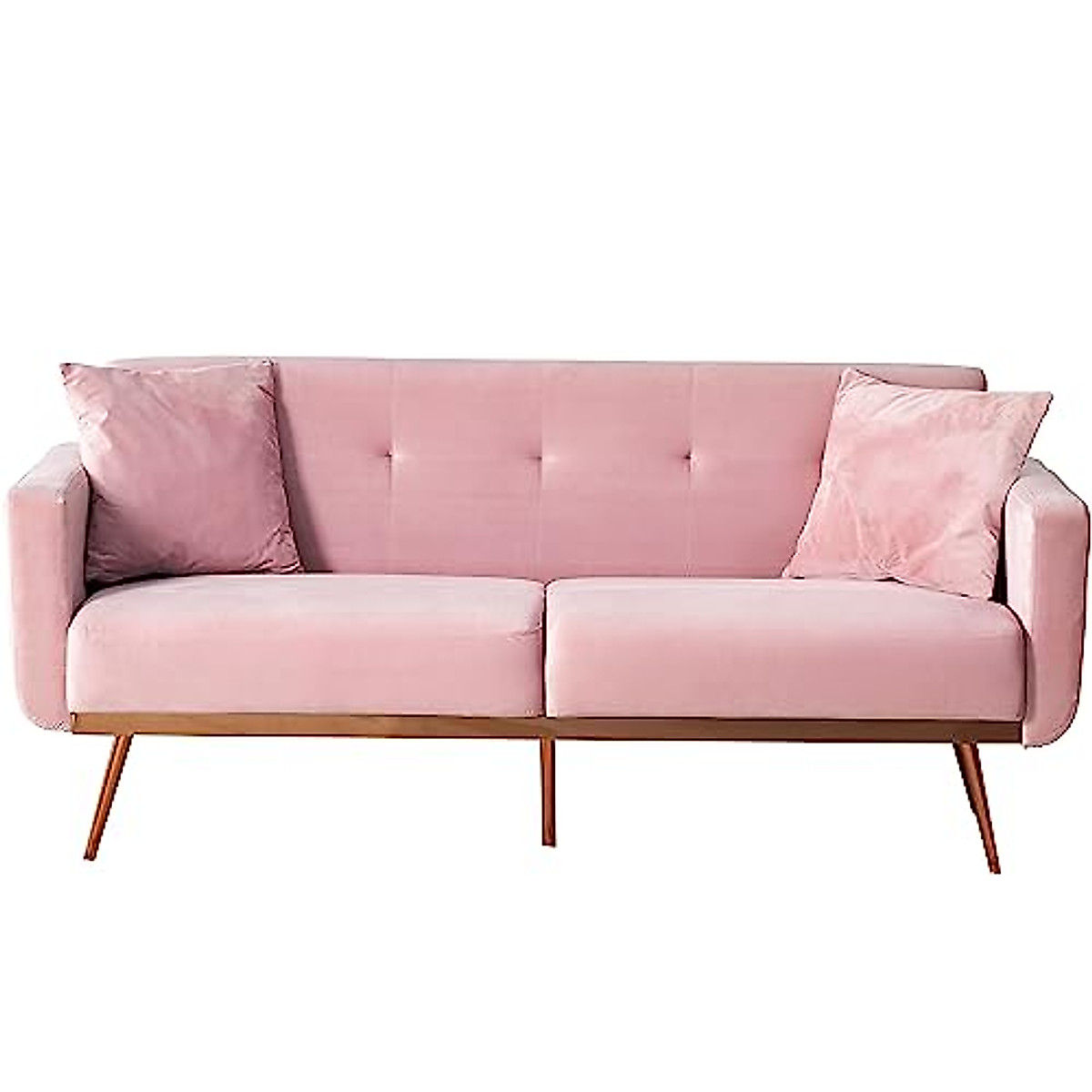 Velvet Futon Sofas Bed and Couch,70 Inches Long, Mid Century Modern Couch Tufted Back Sofa , 2 Throw Pillows, Armrest, 5 Metal Tapered and Wooden Legs for Living Room, Apartment, Bedroom (Pink)