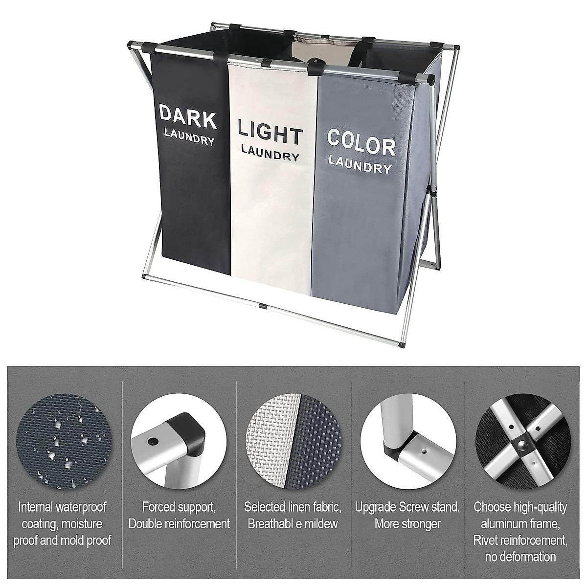 132L Laundry Cloth Hamper Sorter Basket Bag Bin Foldable 3 Sections with Aluminum Frame 25'' × 14'' x 22'' Washing Storage Dirty Clothes Bag for Bathroom Bedroom Home (White+Grey+Black)