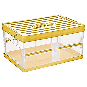 WWahuayuan Foldable Storage Bin With Lid, Collapsible Plastic Storage Box, Stackable Clear Storage Case with Handle for Home/Office/Car/Kitchen (Yellow)