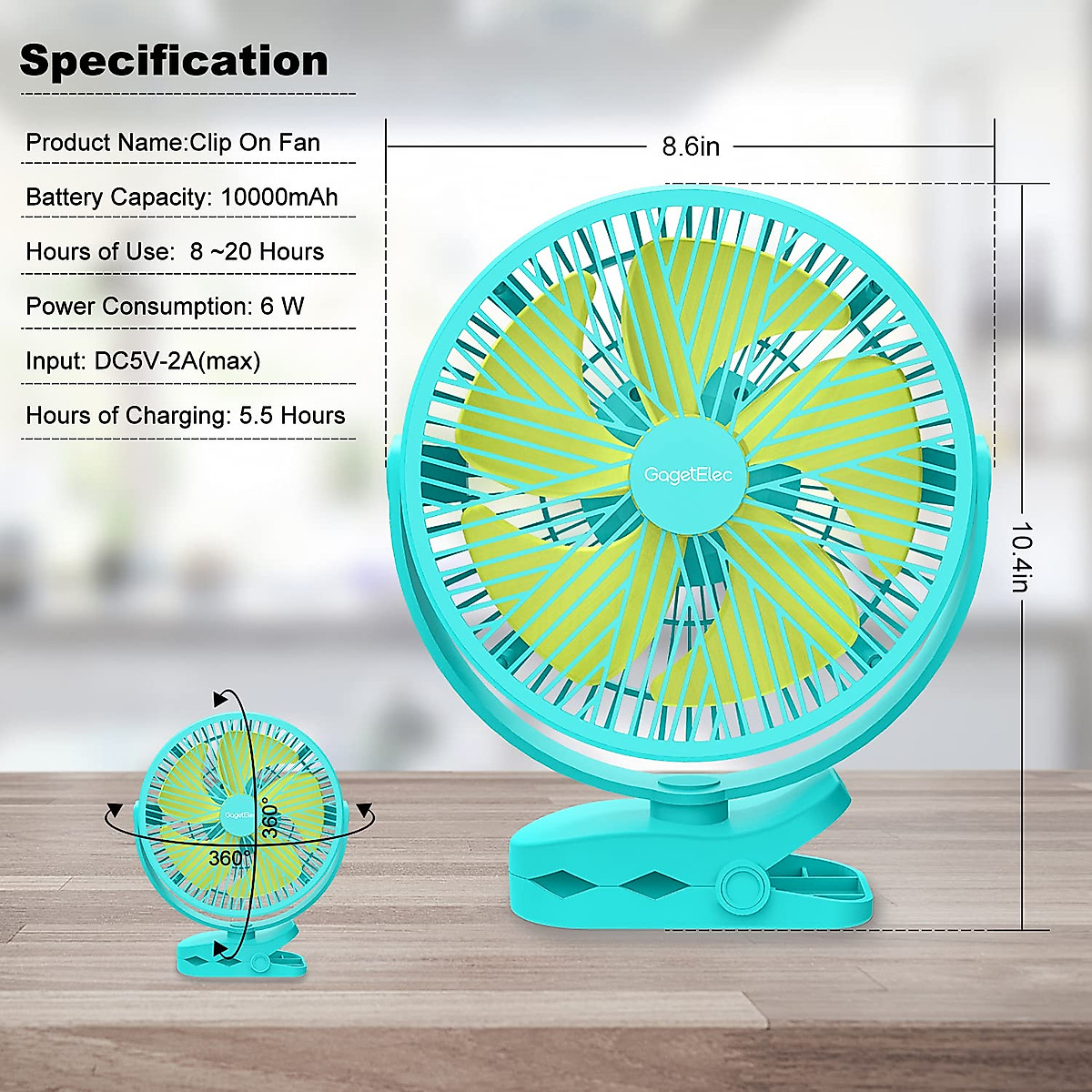 GagetElec 8" Foldaway Fan Rechargeable 10000mAh Battery Powered Oscillating Fan,20H Working Time,Portable Standing Fans with Adjustable Tripod,4 Speeds Cooling Fishing Camping Beach Fan