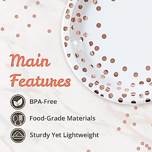 MATICAN Party Paper Plates, 50-Pack Disposable White and Rose Gold Plates, Foil Polka Dots, 9-Inch