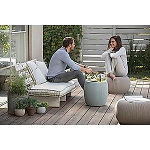 Keter Urban Knit Pouf Ottoman Set of 2 with Storage Table for Patio and Room Décor - Perfect for Balcony, Deck, and Outdoor Seating, Misty Blue & Taupe