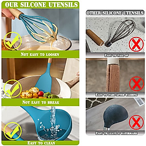 Umite Chef 36pcs Silicone Kitchen Cooking Utensils with Holder, Heat Resistant Cooking Utensils Sets Wooden Handle, Nonstick Kitchen Gadgets Tools Include Spatula Spoons Turner Pizza Cutter(Blue)