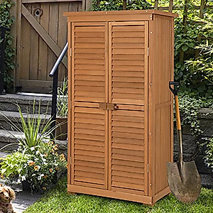 Goplus Outdoor Storage Cabinet, 63” Wood Garden Tool Shed with Double Lockable Doors 3 Shelves and Asphalt Roof, Multipurpose for Patio Lawn Garden Yard, Natural