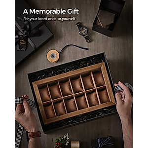 SONGMICS 12-Slot Watch Box, 2-Tier Watch Display Case with Large Glass Lid, Removable Watch Pillows, Velvet Lining, Jewelry Box, Gift Idea, Rustic Walnut UJOW012K01