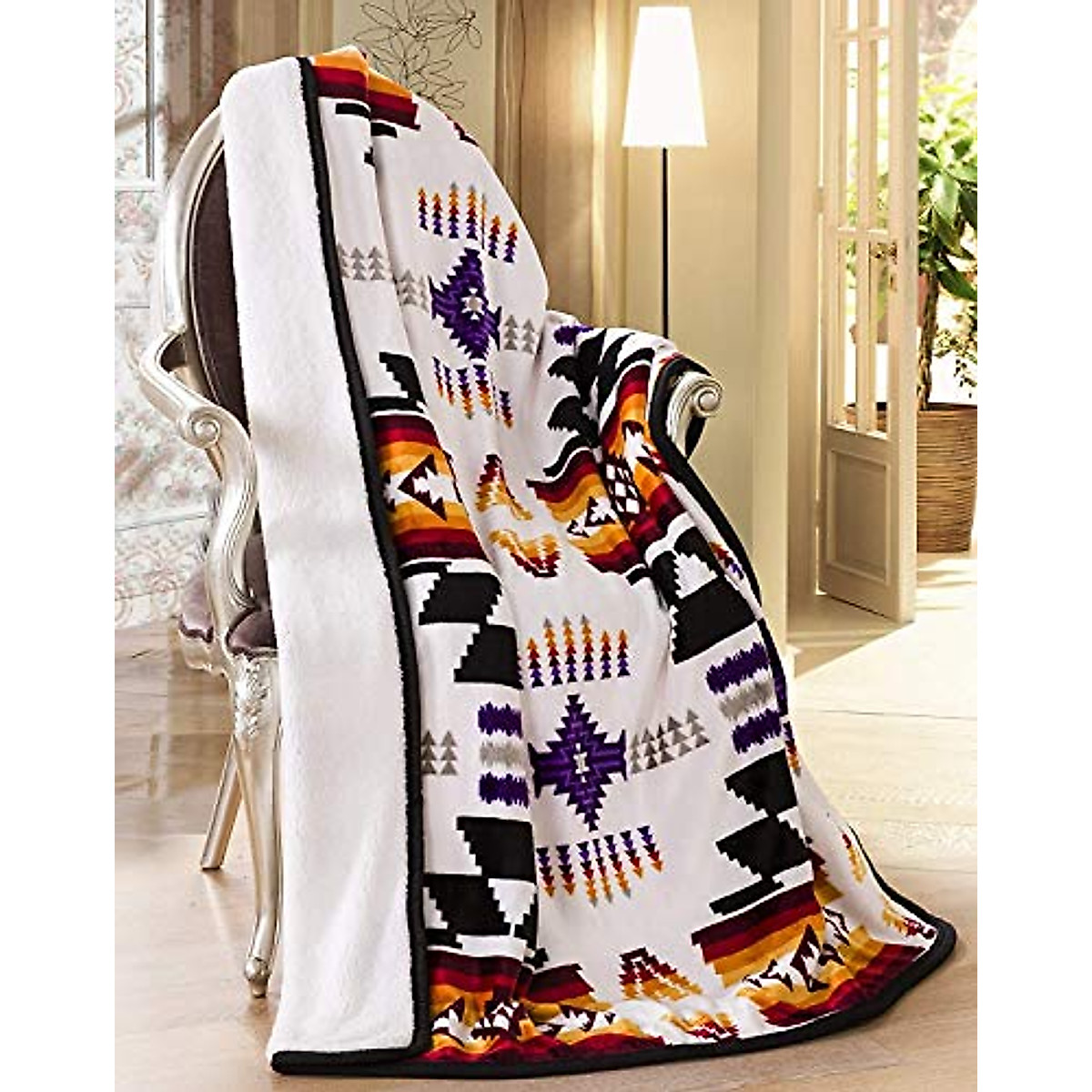 Linen Mart Southwest Aztec Sherpa Borrego Fleece Throw Blanket 50"x 60" - 10 Colors