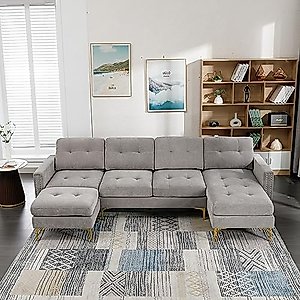 U-Shaped Sectional Sofa w/Reversible Chaise and Movable Ottoman, 110"W 5-Seater Convertible Corner Couch Modern Design Comfy Sofa & Couch with Side Pockets and Nail Head for Home Office Apartment