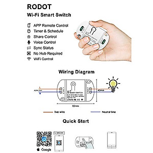RODOT 10A KR2201WB Wi-Fi Wireless Smart Basic Switch for Smart Home Smart Life APP Compatible with Alexa & Google Home Assistant No Hub Required Support DIY Module (5-Pack)