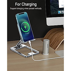Folding Cell Phone Stand, Adjustable Desktop Phone Holder Dock Compatible with Phone 14 13 12, Plus, Pro, Pro Max, Samsung Galaxy S22 S10, 4-10 inch Tablet (Silver)