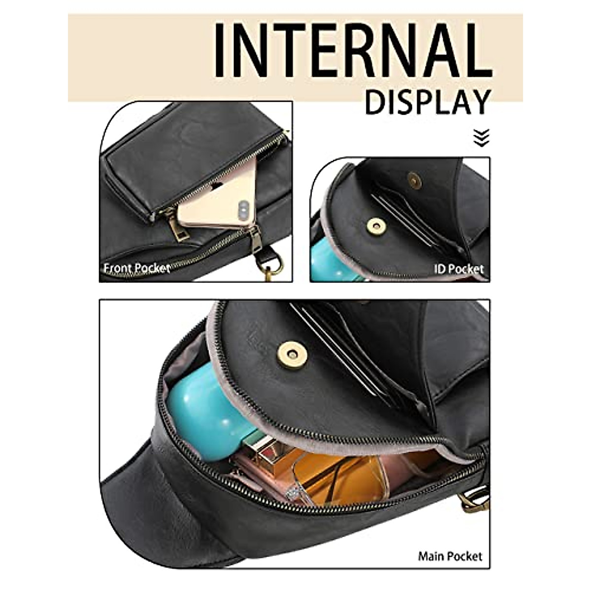 Ocahuel Women Sling Bags Crossbody Chest Bag Purse Leather Wide Guitar Strap Satchel Daypack Retro Shoulder Backpack Travel Hiking Black