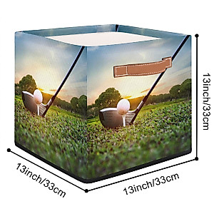 OMFUNS Sport Golf Ball Storage Basket 13x13 Art Painting Collapsible Cube Storage Bin with Handle Fabric Storage Box Organizing for Closet Shelf Home Office Dorm Nursery Toy Basket