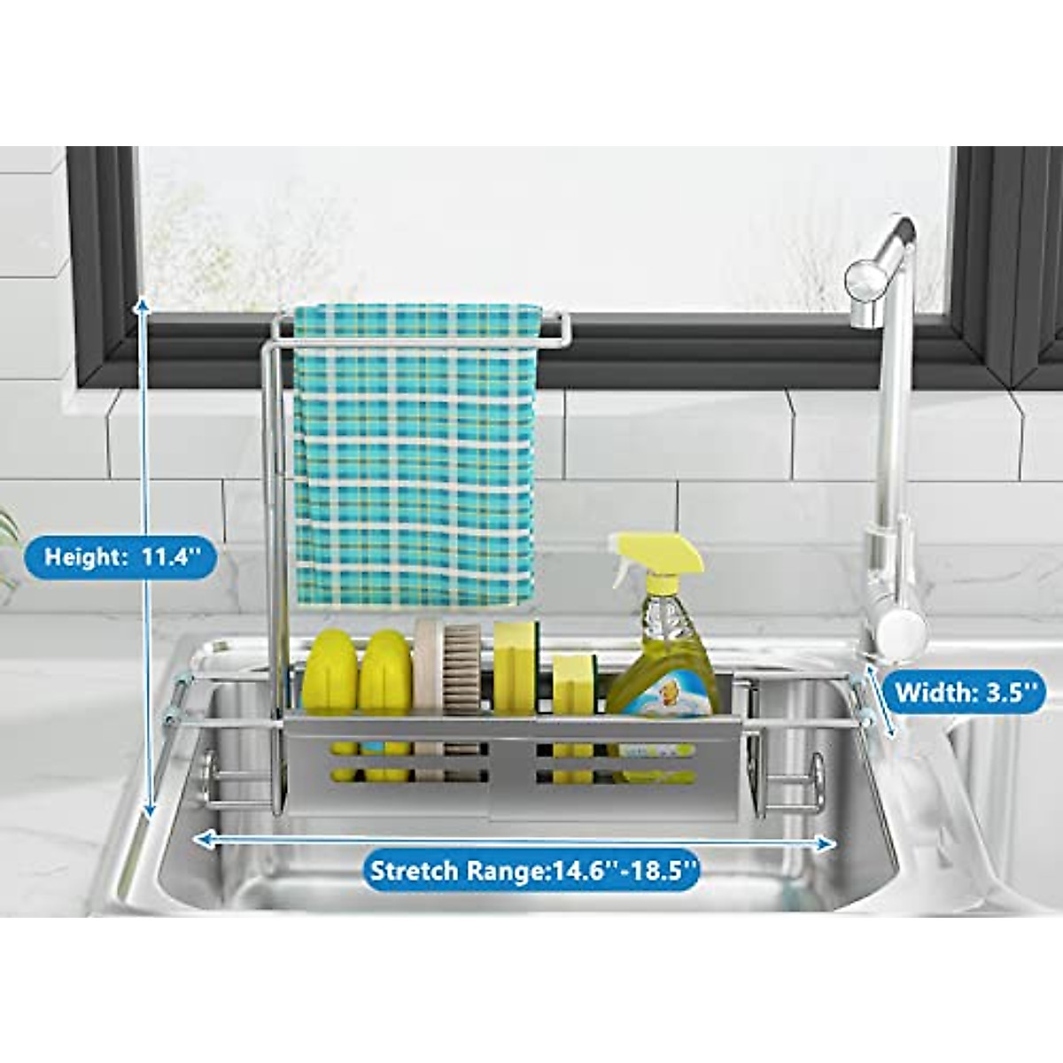BEENLE 304 Stainless Steel Telescopic Sink Caddy Sponge Holder,Expandable Kitchen Sink Organizer Dish Drainer Rack Sink Tray Brush Soap Holder(14.6''-18.5''), Without Chopstick Holder