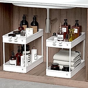 SPACEKEEPER Under Sink Organizer, 2 Tier Under Sink Storage Organizer, Bathroom Standing Rack, Bath Collection Baskets with Hooks, Multi-purpose Storage Shelf, White, 2 Pack