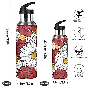 Poppies Daisies Leak Free Insulated Bottles with Handle 32 oz Vaccuum Bottle with Straw Lid Thermal Bottle for Hot & Cold Drinks BAP-Free
