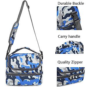 FlowFly Kids Double Decker Cooler Insulated Lunch Bag Large Tote for Boys, Girls, Men, Women, With Adjustable Strap, Blue Camo