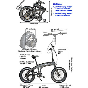 Overfly Hummer 20"x4"Fat Tire Electric Folding Bike for Commuter with 500W Bafang Motor, 48V/10.4A Battery, 7 Speed, and 6 PAS (Class 2)