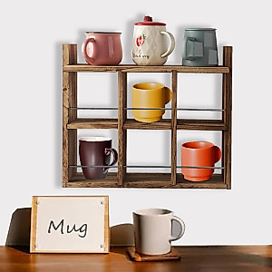 YIYUESHIJIU Coffee Mug Display Rack，Wooden Mug Cup Holder Shadow Box Shelf Wall Mounted cup shelf Mug Display And Organizer With Dustproof top plate (Carbonized)